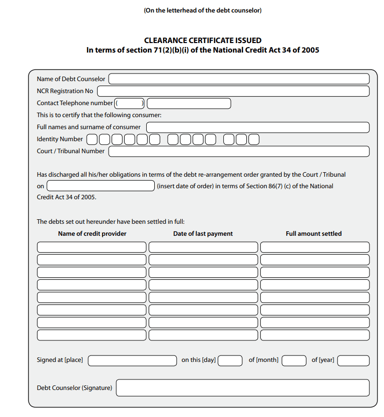 How to get a clearance certificate from debt review for only...